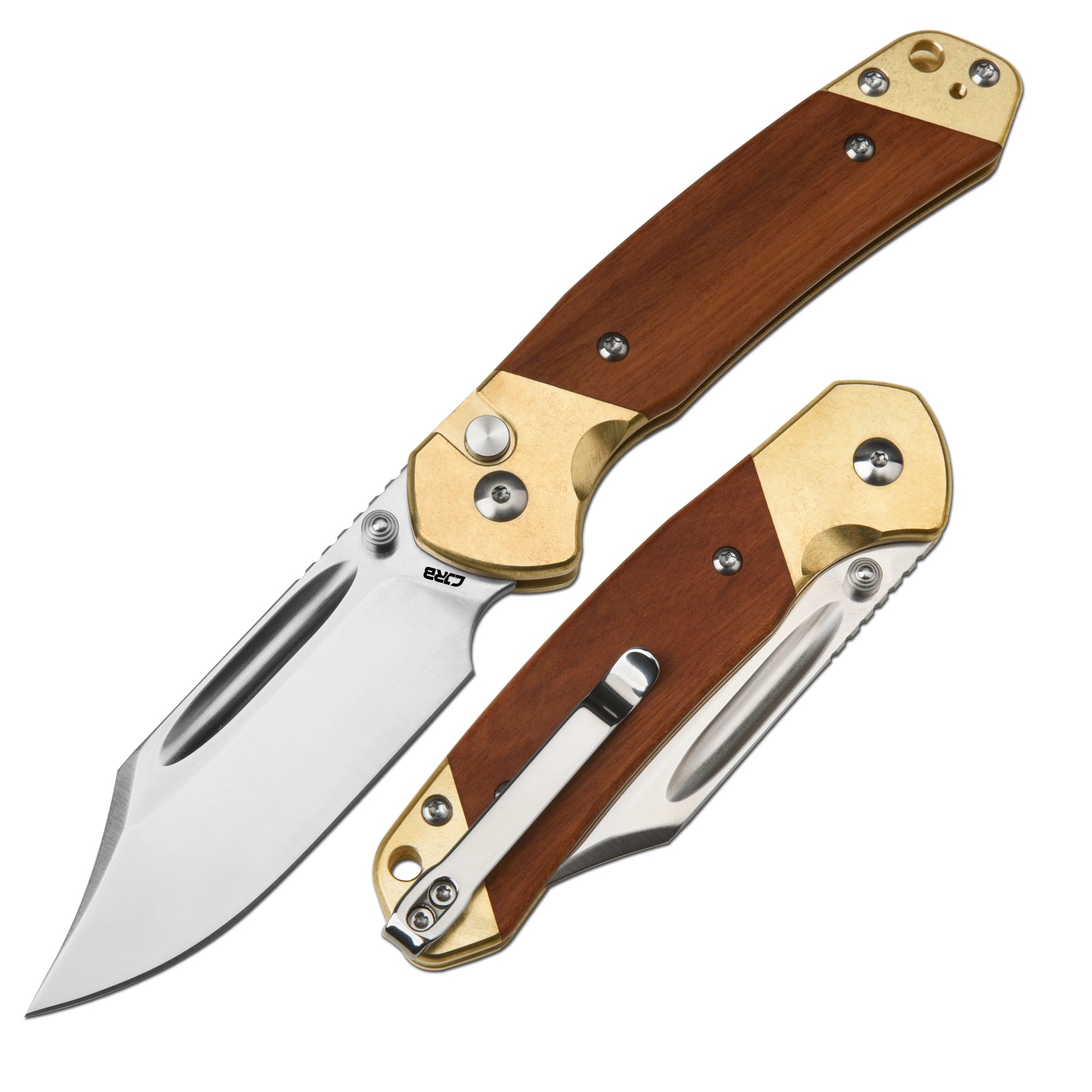 CJRB Bowie Pyrite J1942 CPM S90V Blade Brass&Rose Wood Handle Folding ...
