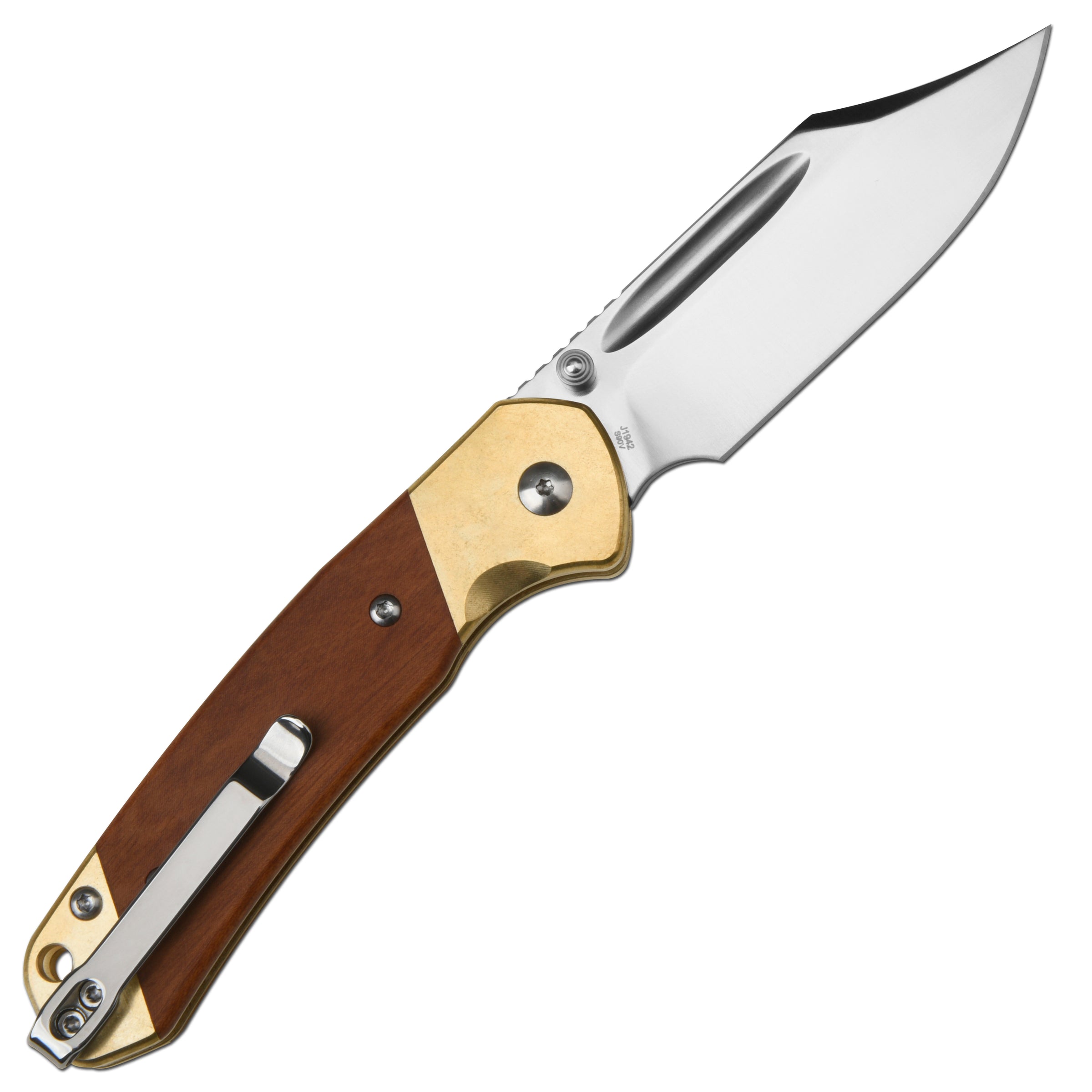 CJRB Bowie Pyrite J1942 CPM S90V Blade Brass&Rose Wood Handle Folding ...