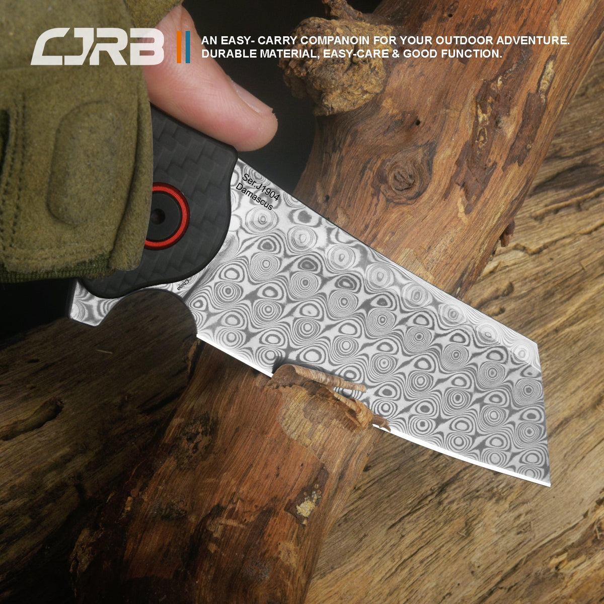 CJRB Crag J1904 Rose Damascus Blade Carbon Fiber Handle Folding Knives ...