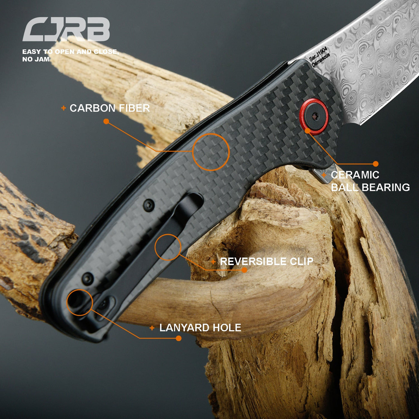 CJRB Crag J1904 Rose Damascus Blade Carbon Fiber Handle Folding Knives ...