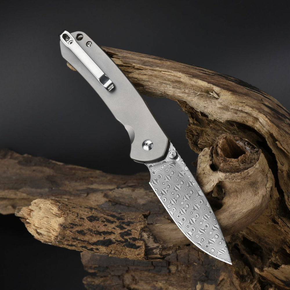CJRB Pyrite J1925 Damascus Blade Titanium Handle Folding Knives - Grey ...